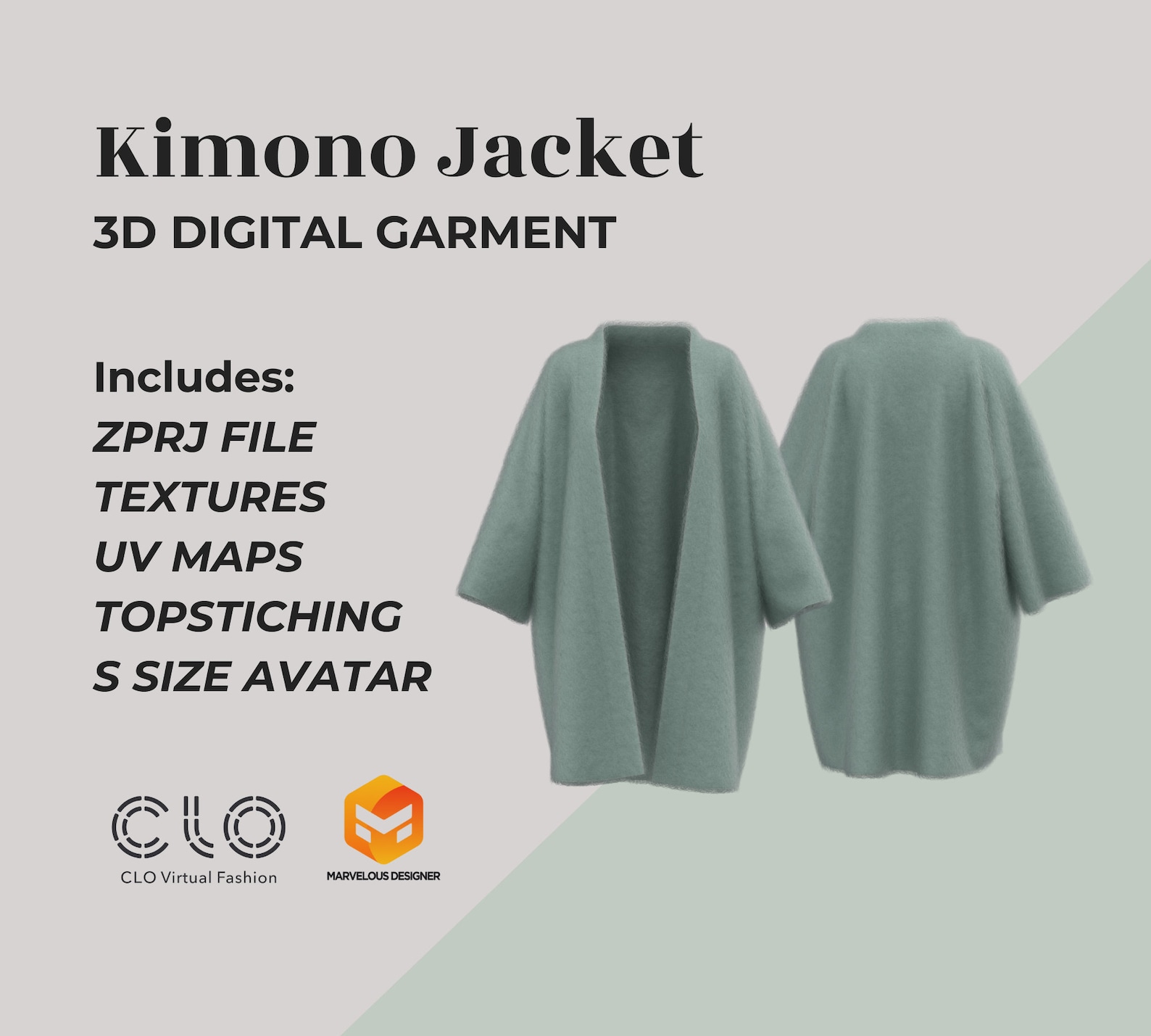 3D Digital Garment Kimono Jacket ZPRJ - Clo 3D/ Marvelous Designer - Etsy