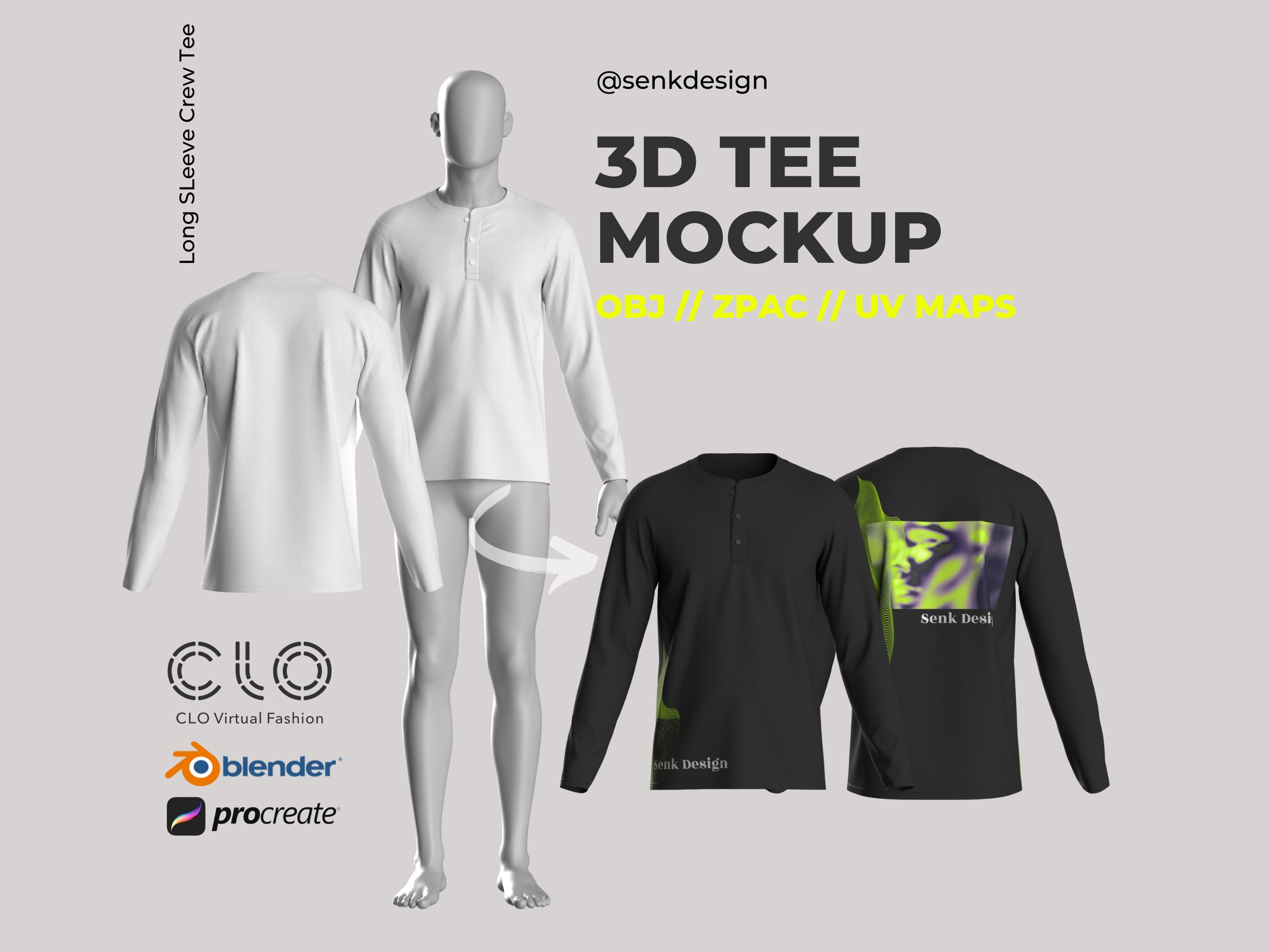 Long Sleeve Crew Tee 3D Garment Mock-up Easily Customisable Digital 3D ...