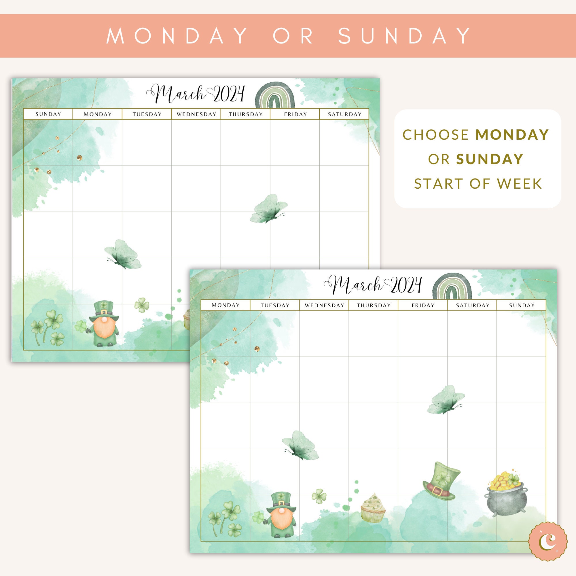 Editable March 2024 Calendar Happy St Patrick's Day Green Gold Shamrock Fillable Planner ...