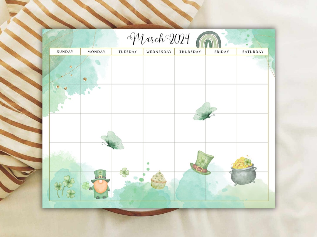 Editable March 2024 Calendar Happy St Patrick's Day Green Gold Shamrock ...