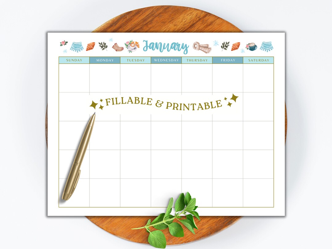 Fillable January Calendar Planner Winter Coffee Warm Scarf Croissant ...