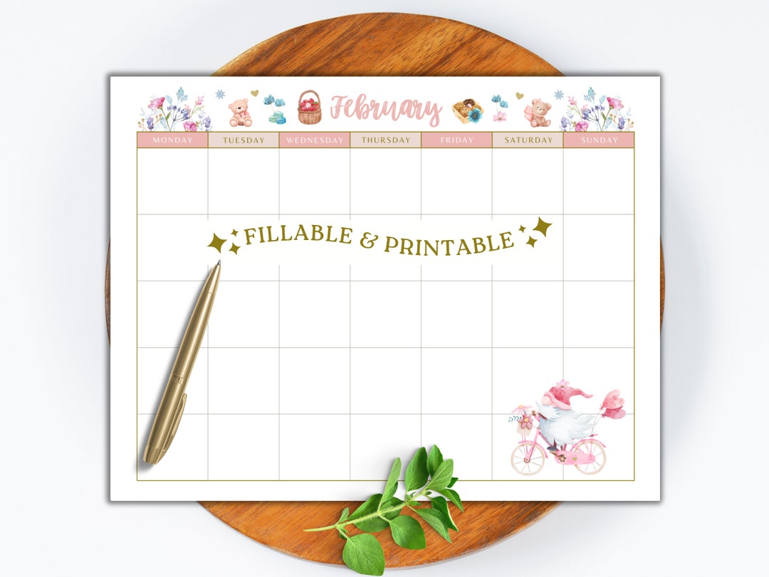 Editable February Calendar Monthly Plan Winter Valentines Day Gnomes ...