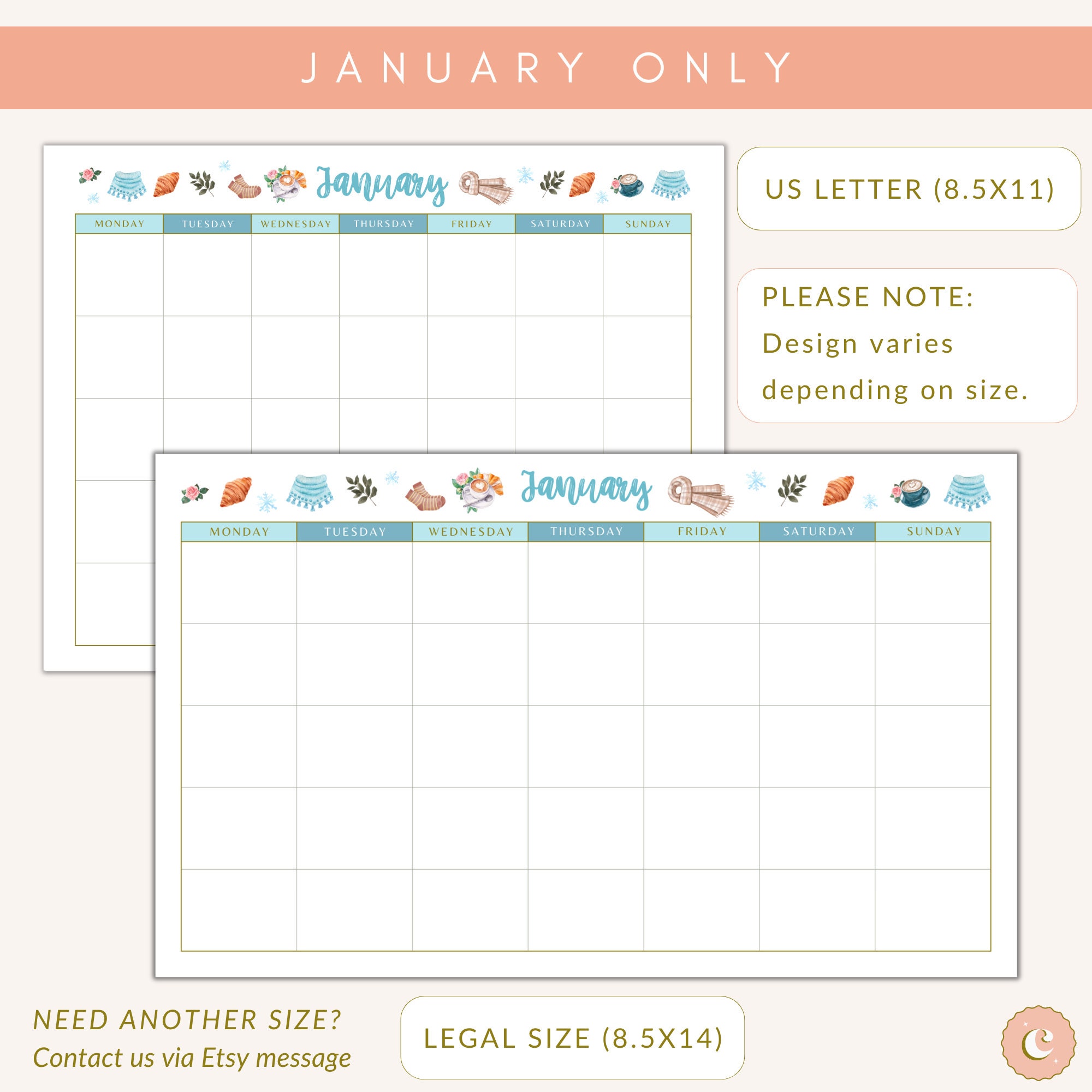 Fillable January Calendar Planner Winter Coffee Warm Scarf Croissant ...