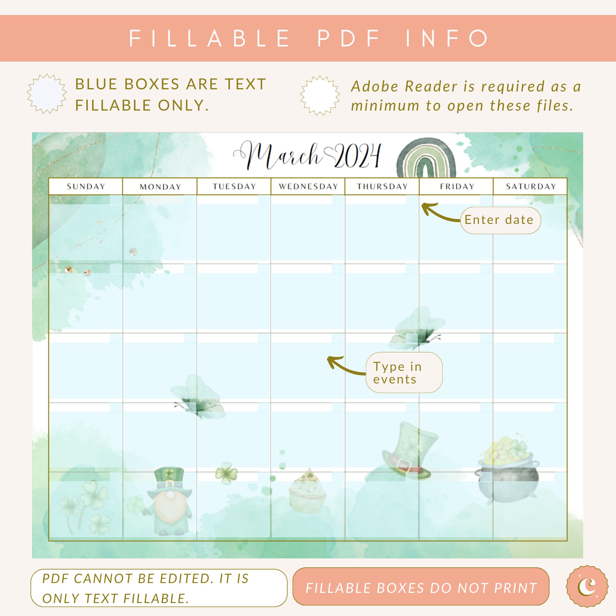 Editable March 2024 Calendar Happy St Patrick's Day Green Gold Shamrock ...