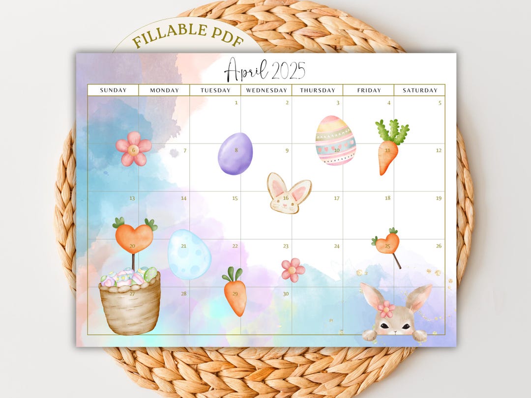 Easter April Calendar 2025 Fillable Planner Happy Easter Watercolor ...
