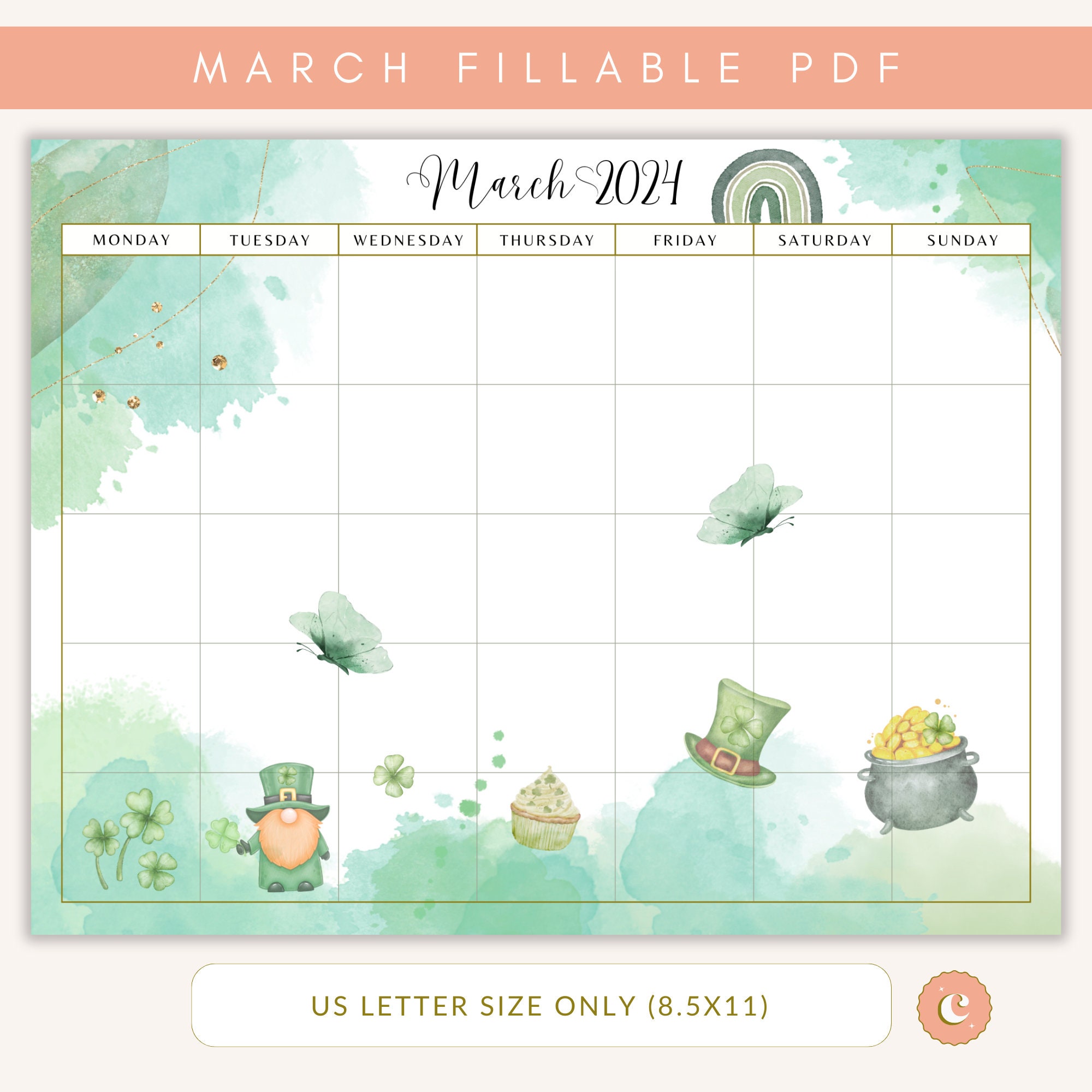 Editable March 2024 Calendar Happy St Patrick's Day Green Gold Shamrock ...
