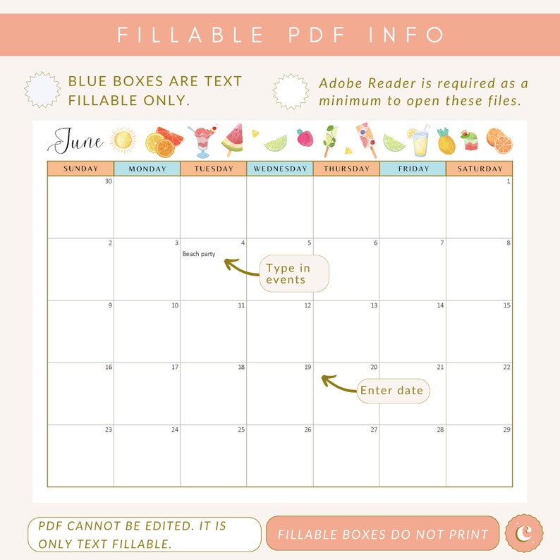 Editable June 2024 Calendar Fillable Summer Planner Kids School Holiday ...