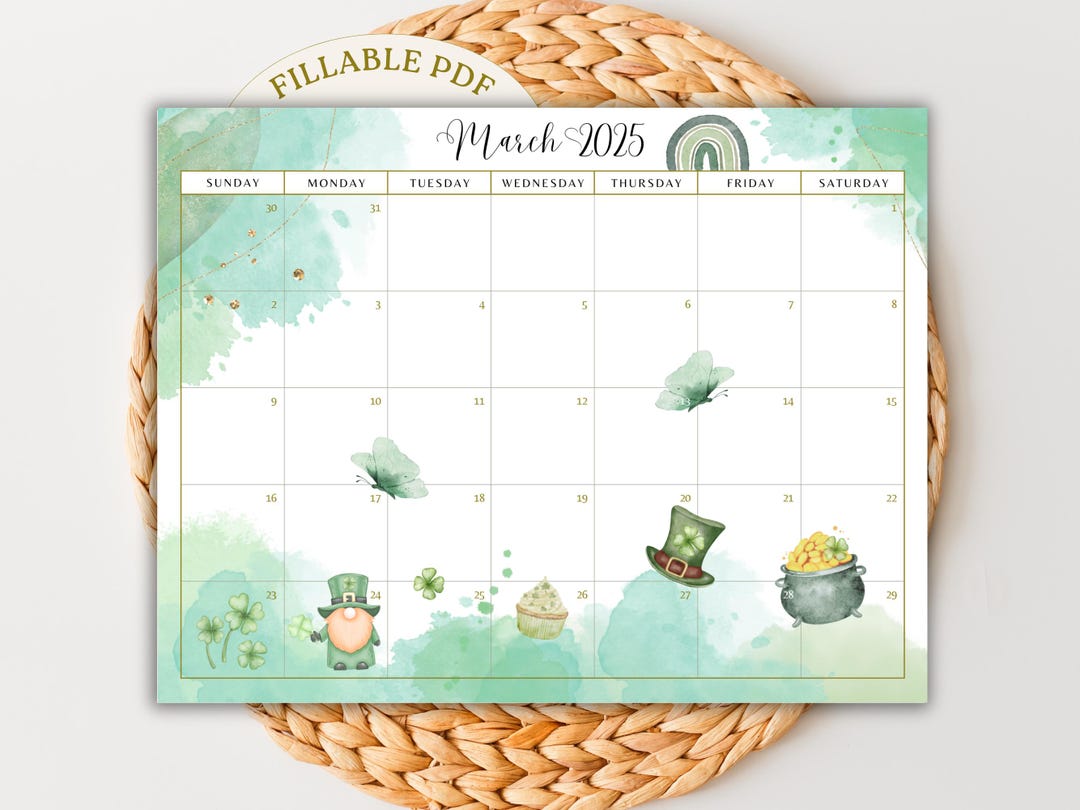 Editable March 2025 Calendar Happy St Patrick's Day Green Gold Shamrock ...