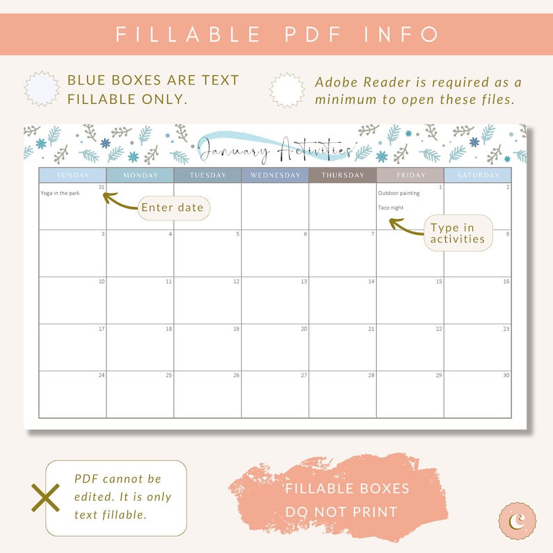 Monthly Activity Calendar Planner Fillable, Family Community Event ...