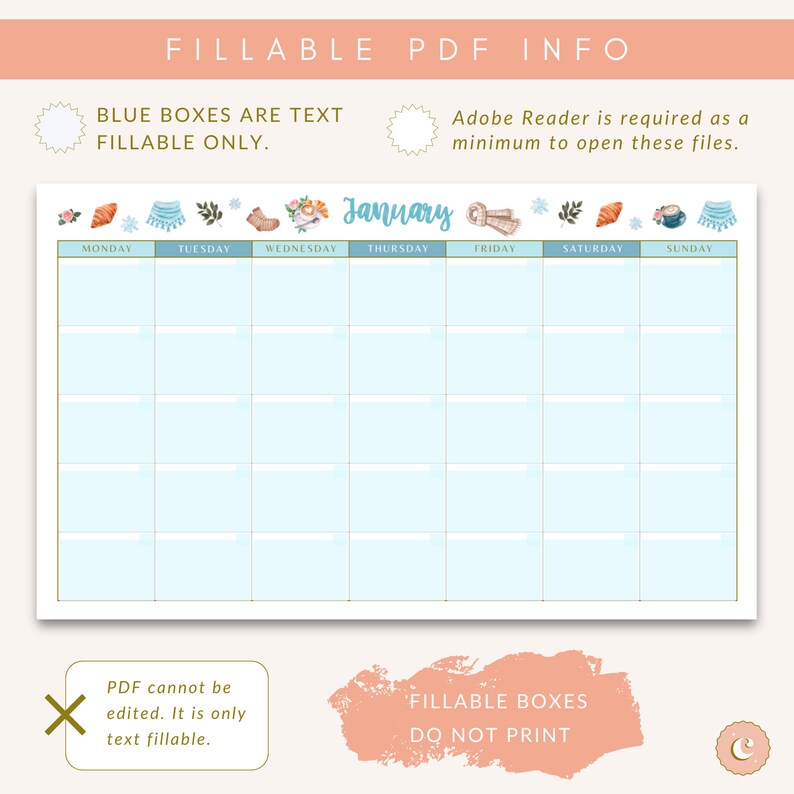 Fillable January Calendar Planner Winter Coffee Warm Scarf Croissant ...