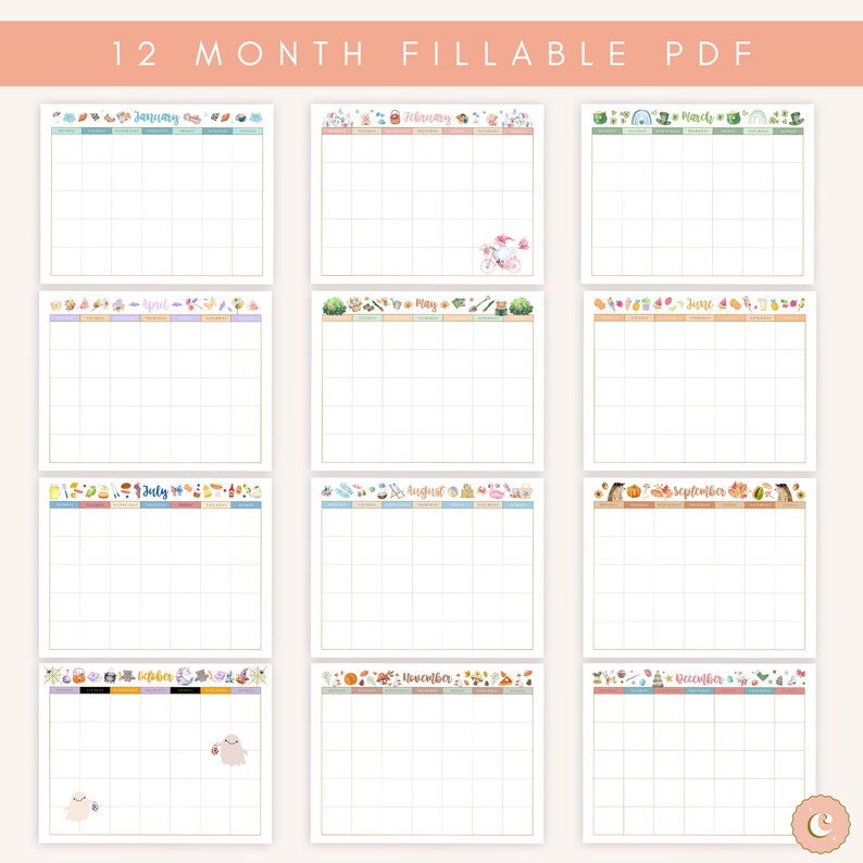 12 Month Calendar Planner Printable Activity Events Birthday Family ...