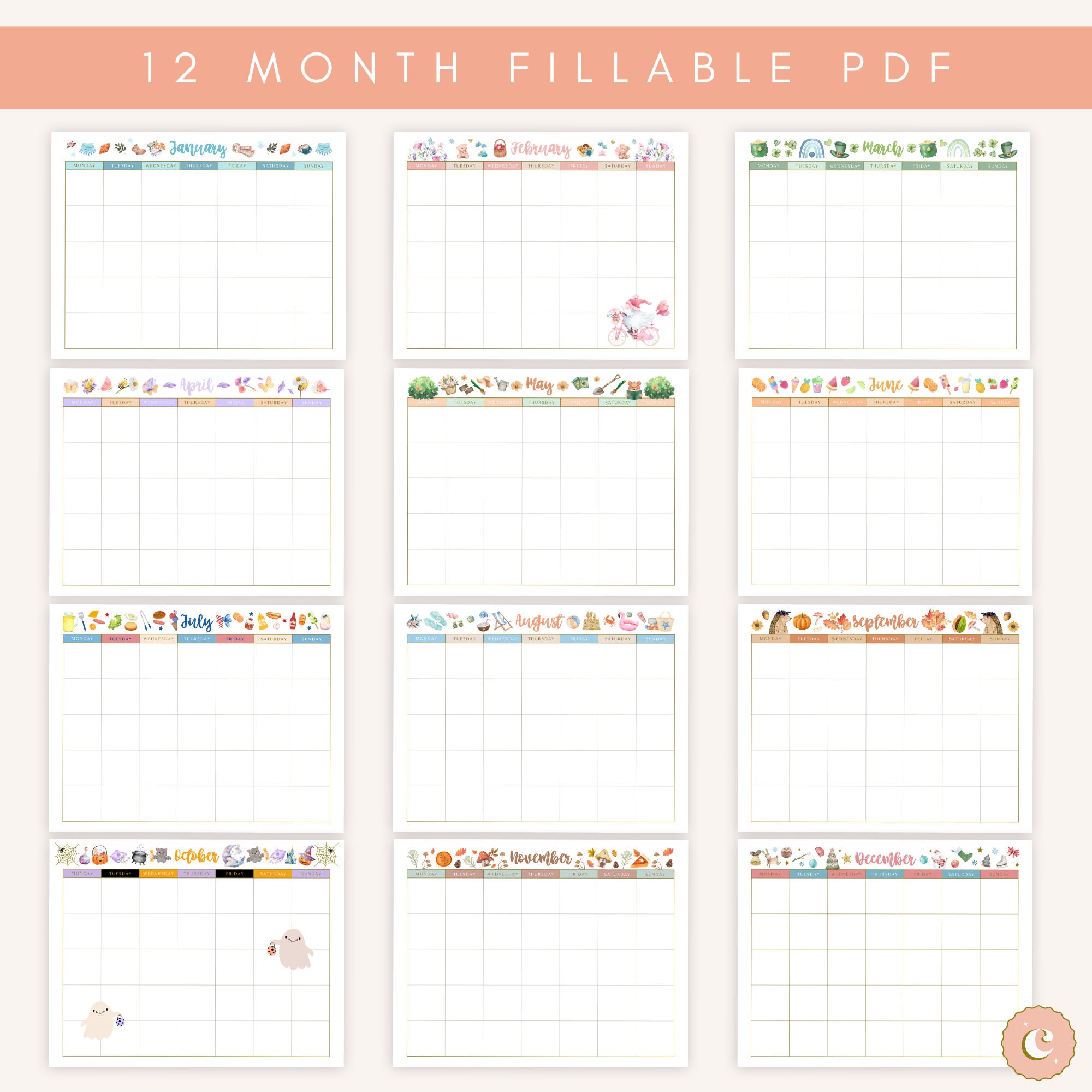 12 Month Calendar Planner Printable Activity Events Birthday Family ...