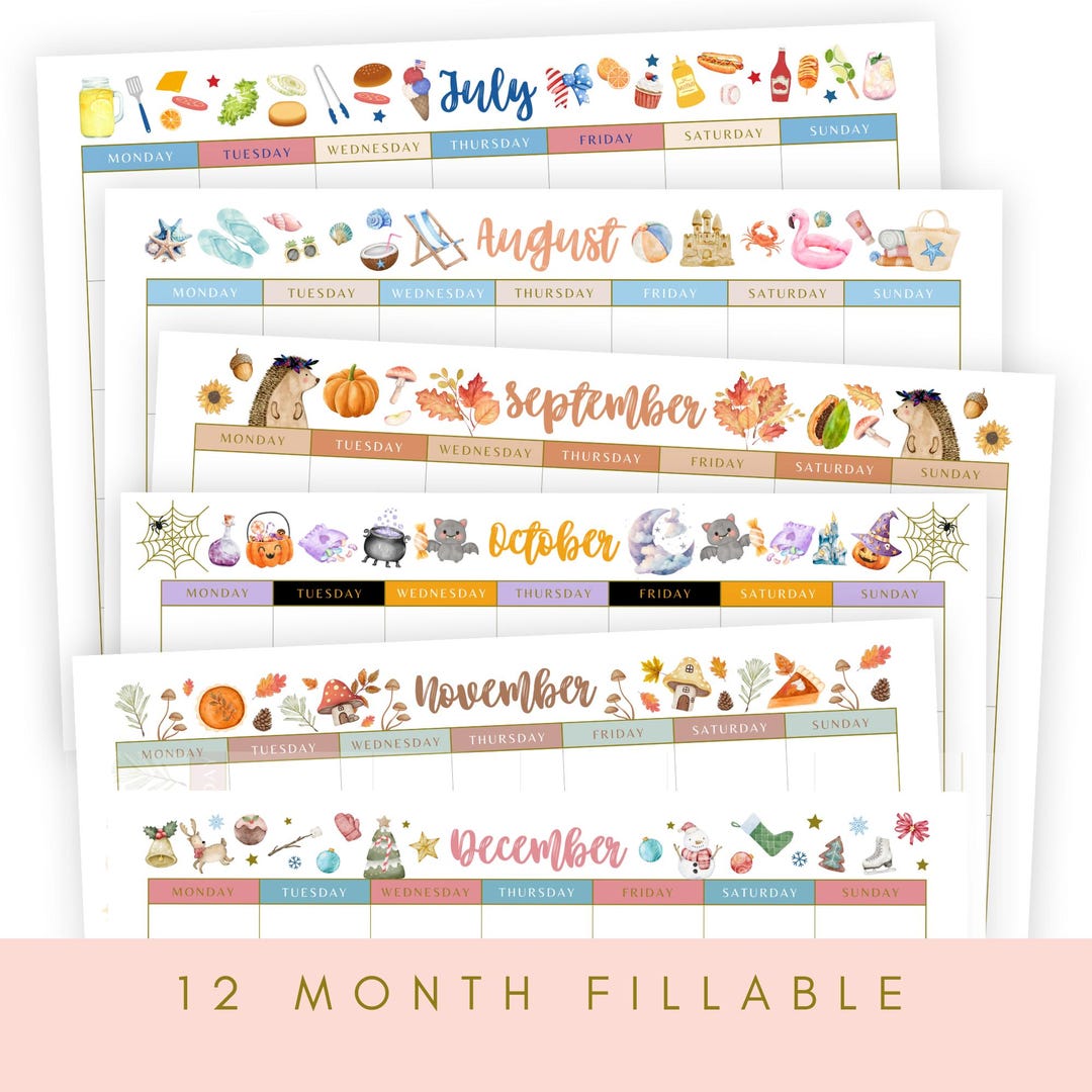 12 Month Calendar Planner Printable Activity Events Birthday Family ...