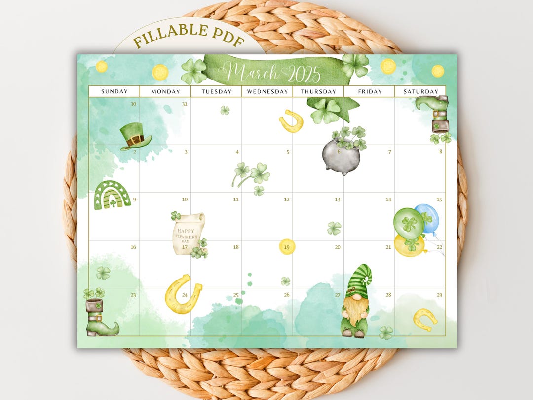 Editable March 2025 Calendar Happy St Patrick's Day Leprechaun Fillable ...