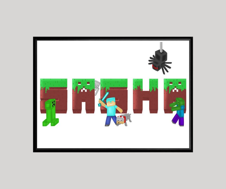 Personalised Minecraft Themed Framed Picture, A4 Wall Decor, Customised ...