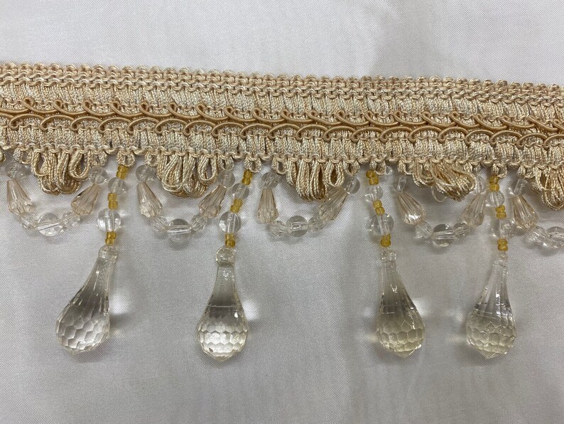 3.5” Tear Drop Beaded Trim Fringe Gimp Top Sold by the Yard Taupe ...