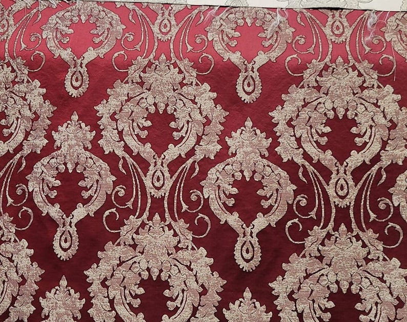 Damask Satin Drapery Upholstery Fabric - Dark Red, Jacquard Brocade ...