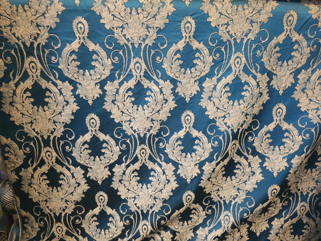 Damask Satin Drapery Upholstery Fabric - Teal Color, Jacquard Brocade ...