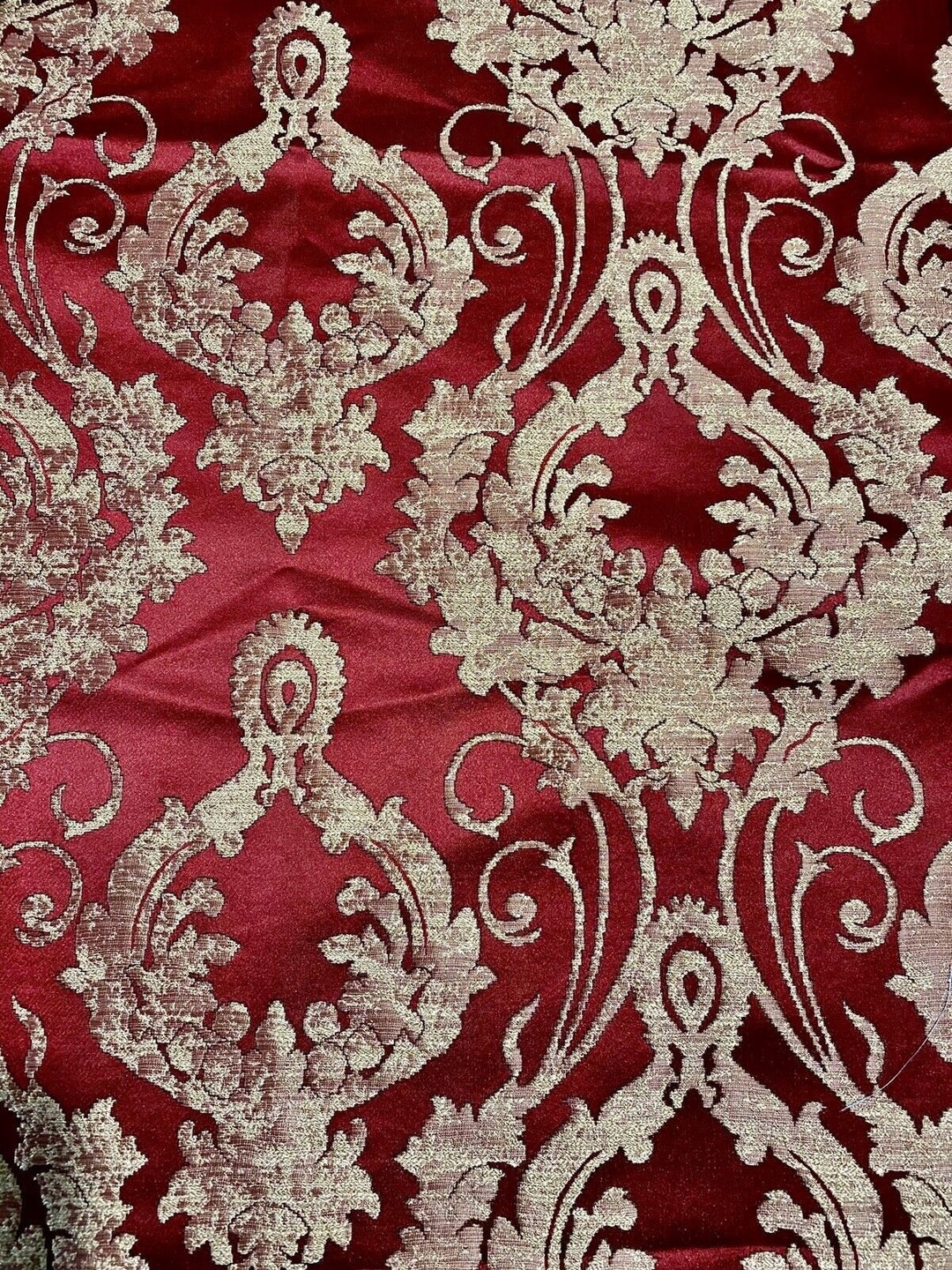 Damask Satin Drapery Upholstery Fabric - Dark Red, Jacquard Brocade ...