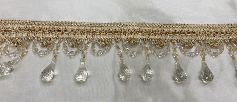 3.5” Tear Drop Beaded Trim Fringe Gimp Top Sold by the Yard Taupe ...