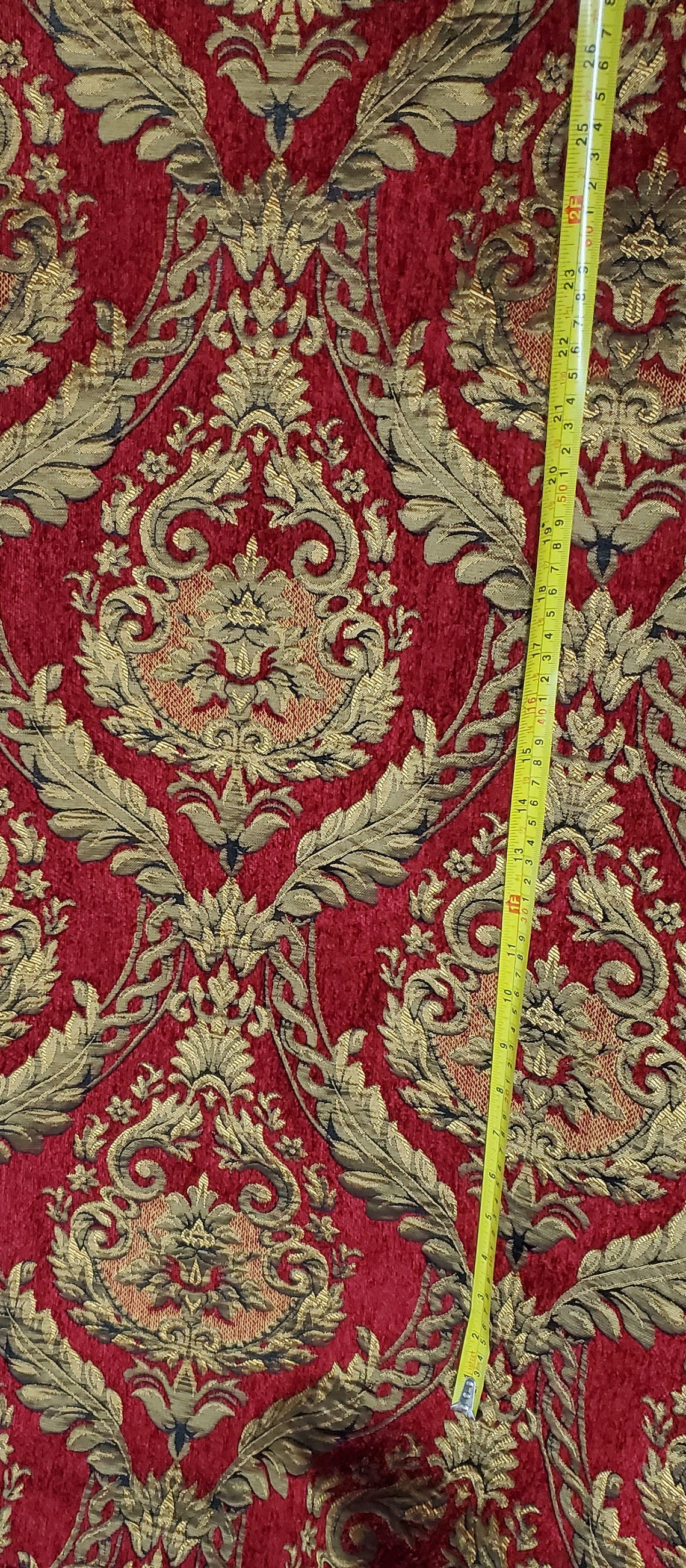 Damask Chenille Fabric - Upholstery Fabric, Red/gold - 54" Width - Sold ...
