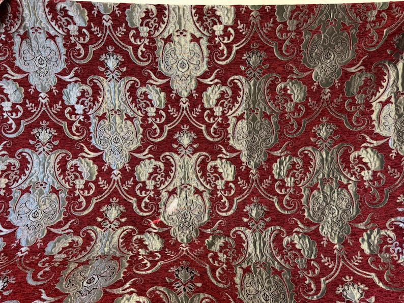 Chenille BAROQUE UPHOLSTERY Fabric Jacquard Damask, 58" Wide ,color Red ...