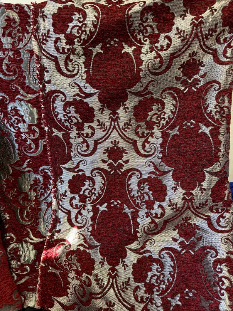Chenille BAROQUE UPHOLSTERY Fabric Jacquard Damask, 58" Wide ,color Red ...