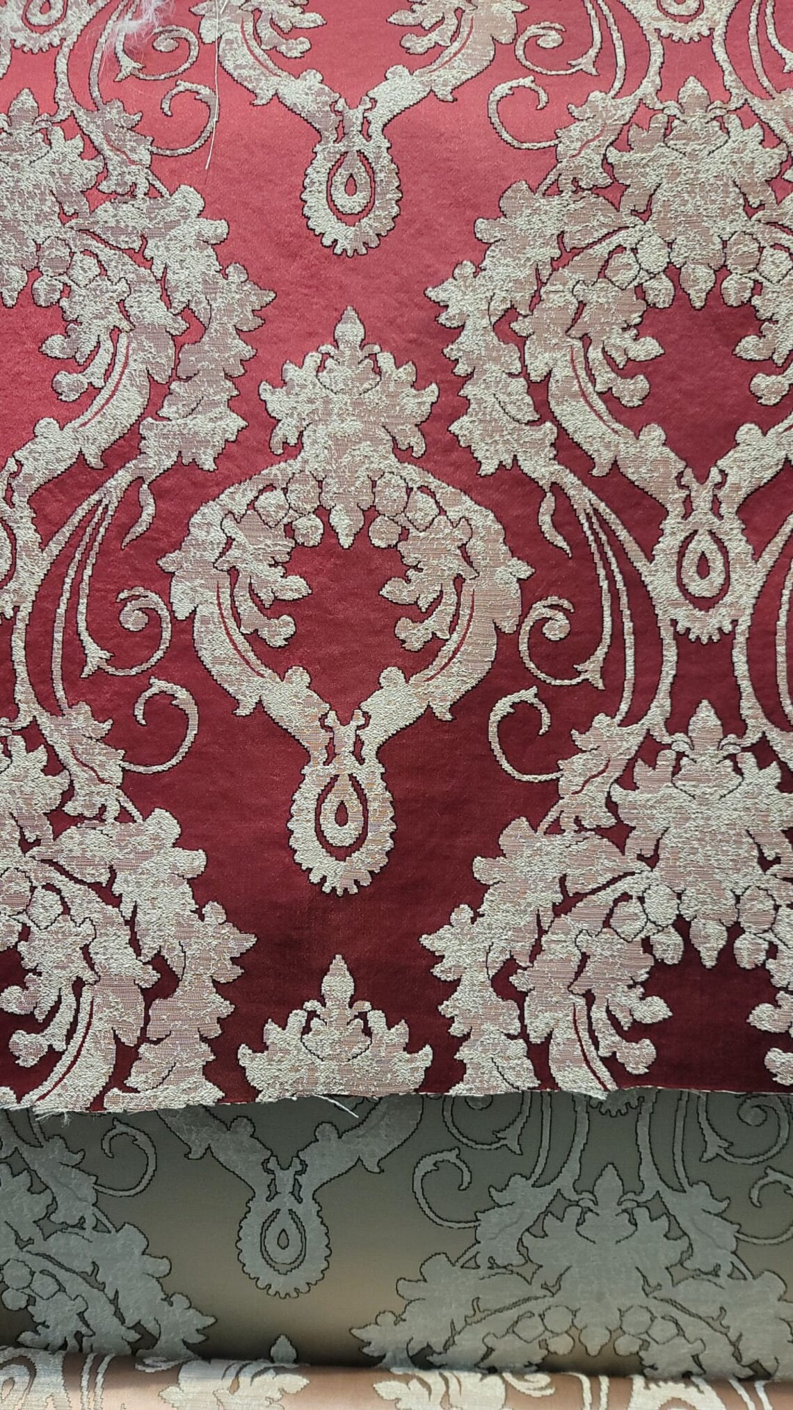 Damask Satin Drapery Upholstery Fabric - Dark Red, Jacquard Brocade ...