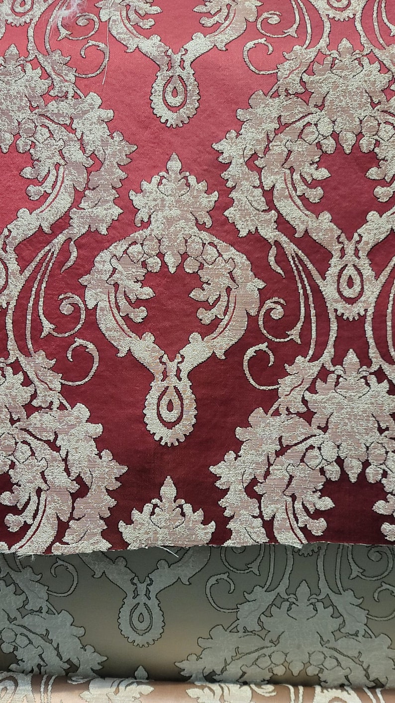 Damask Satin Drapery Upholstery Fabric - Dark Red, Jacquard Brocade ...