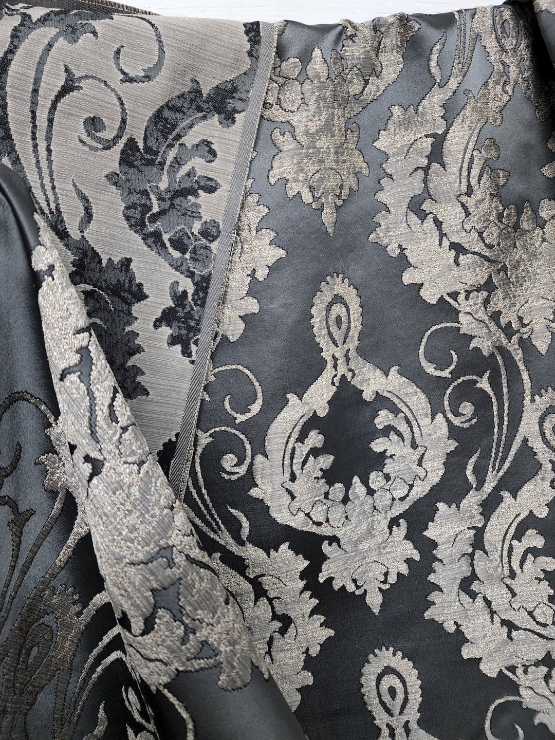 Damask Satin Drapery Upholstery Fabric - Dark Gray, Jacquard Brocade ...