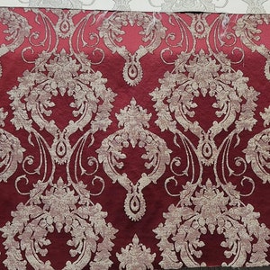 Damask Satin Drapery Upholstery Fabric - Dark Red, Jacquard Brocade ...