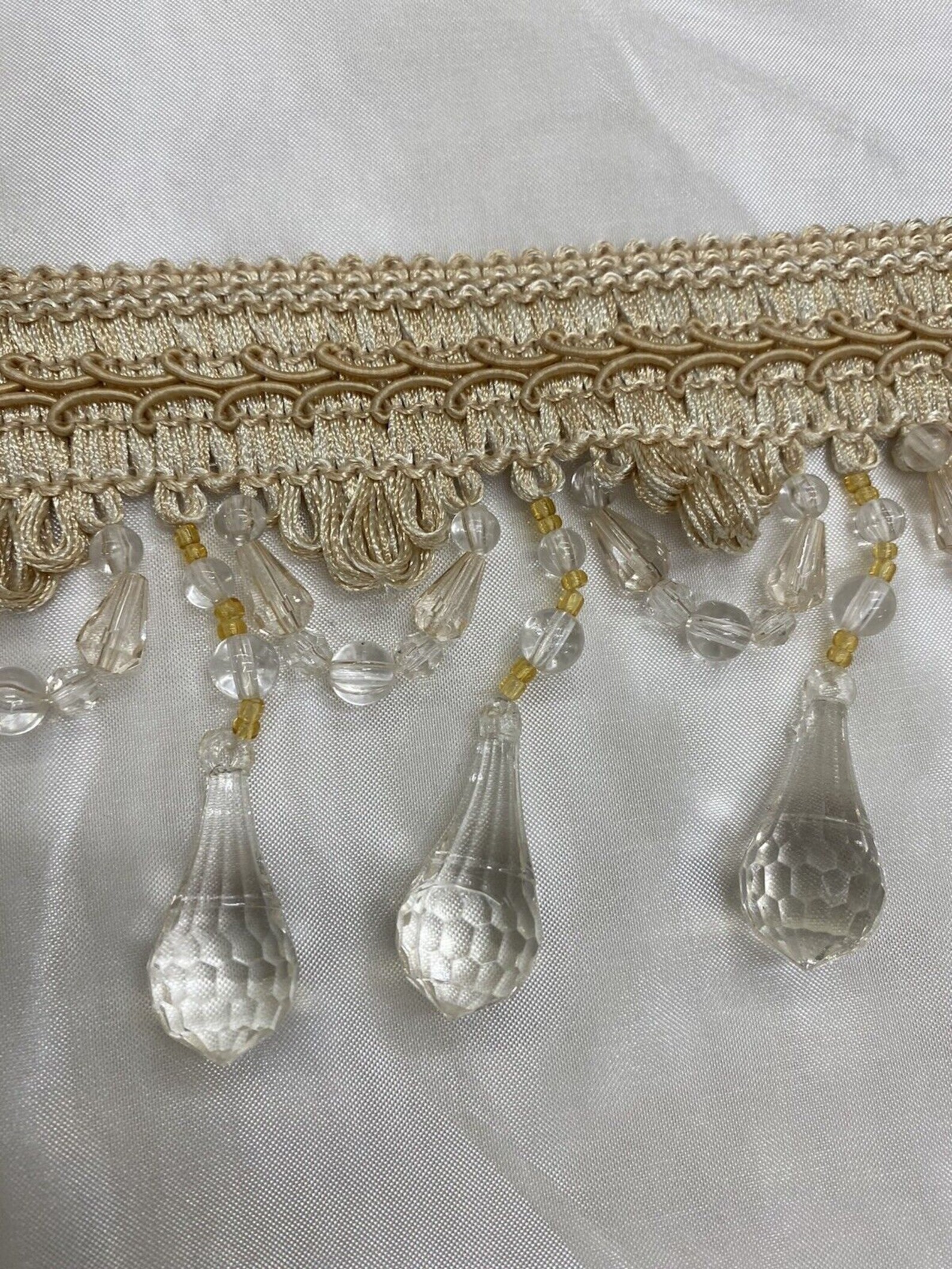 3.5” Tear Drop Beaded Trim Fringe Gimp Top Sold by the Yard Taupe ...