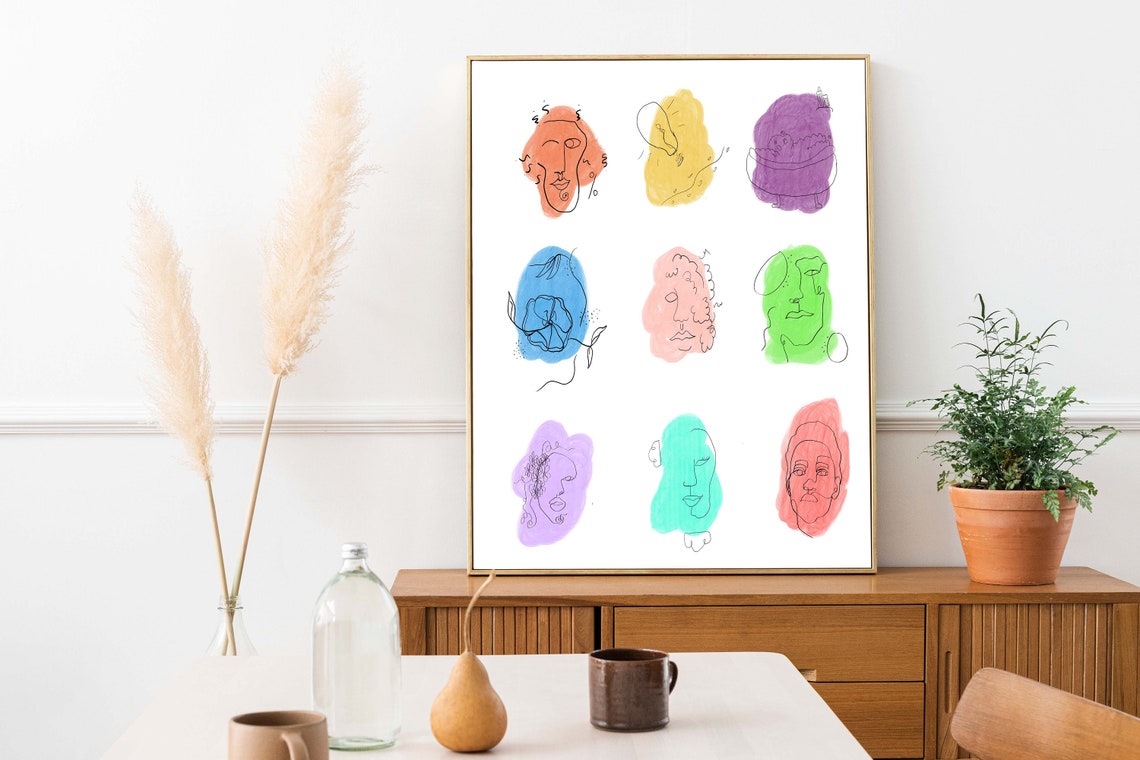 Line Drawing Collage Modern Wall Art Line Drawing of Faces | Etsy