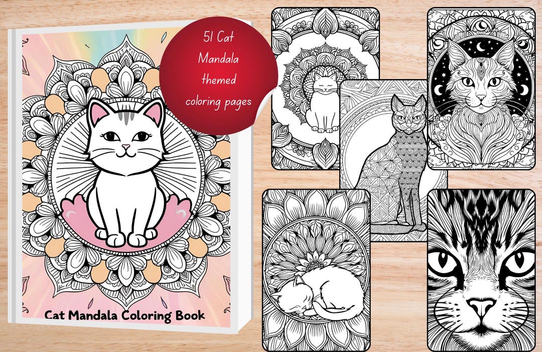 51 Cat Mandala Coloring Book | PNG Instant Download | for All Ages ...