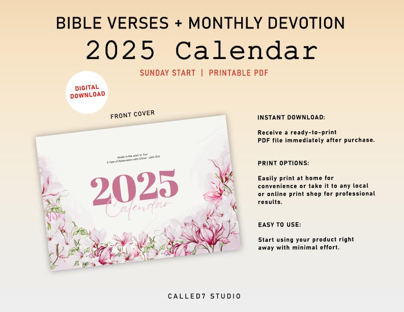 2025 Bible Devotion Monthly Calendar Elegant Floral Design Sunday ...