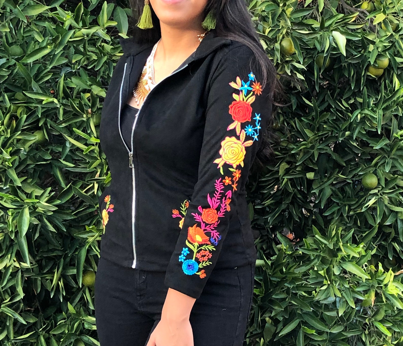 Black Embroidery Jacket With Pockets and Zipper Closure - Etsy