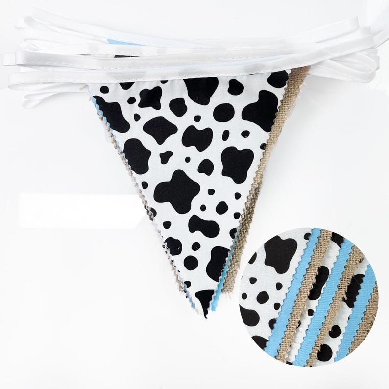 Western Cowboy Burlap Banner, Cow Pattern Bunting, Blue Fabric Pennant ...