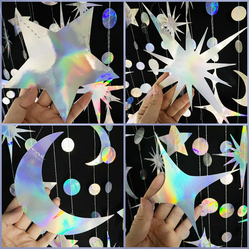 Star Moon Garland, 64 Ft Iridescent Star Moon Paper Garland, Hanging ...