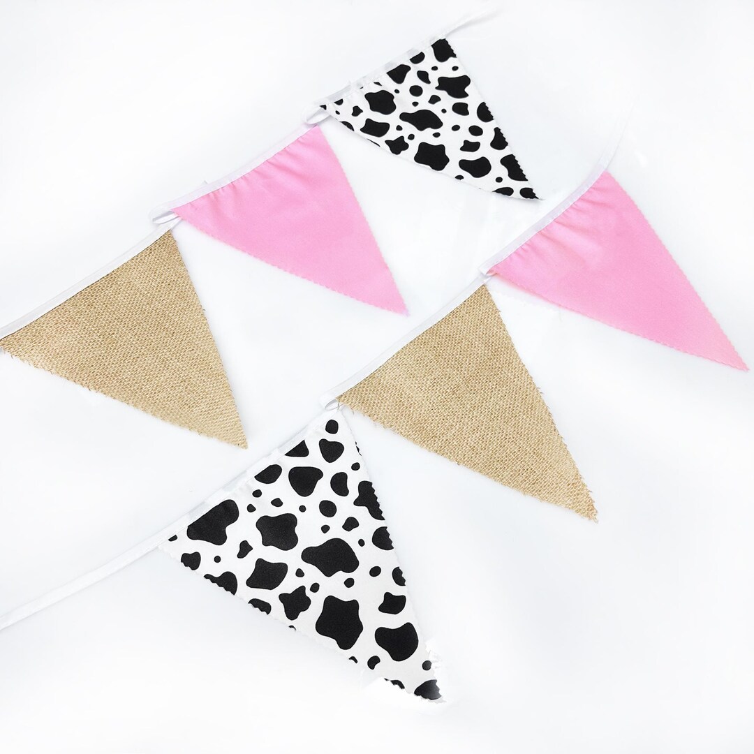 Western Cowgirl Burlap Banner, Cow Pattern Bunting, Hot Pink Fabric ...