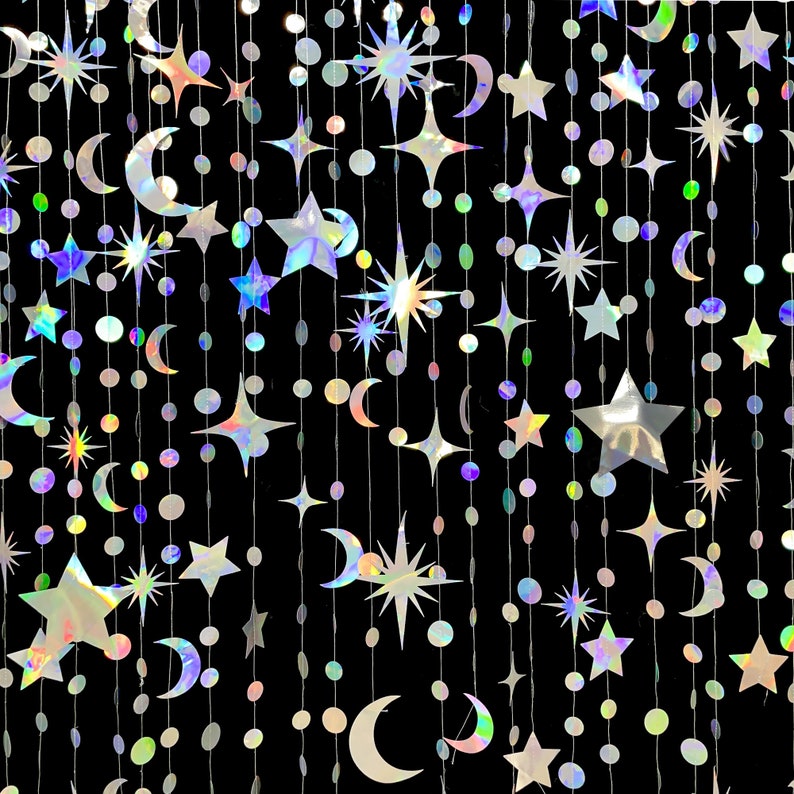 Star Moon Garland, 64 Ft Iridescent Star Moon Paper Garland, Hanging ...