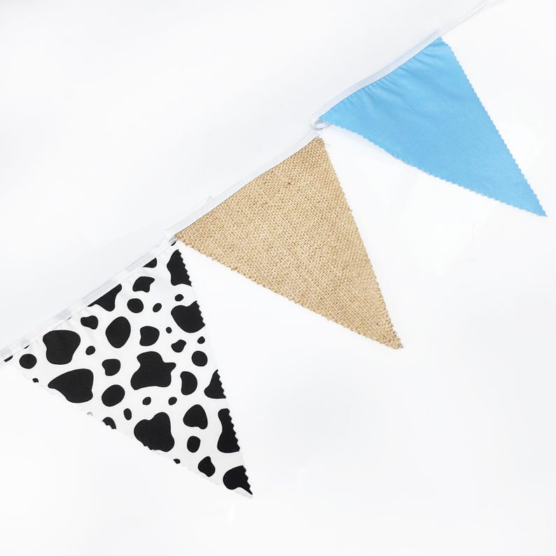 Western Cowboy Burlap Banner, Cow Pattern Bunting, Blue Fabric Pennant ...