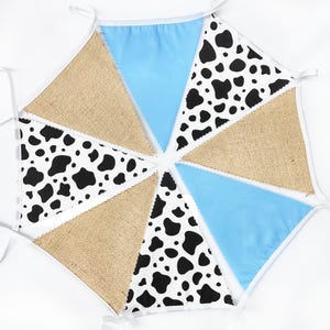 Western Cowboy Burlap Banner, Cow Pattern Bunting, Blue Fabric Pennant ...