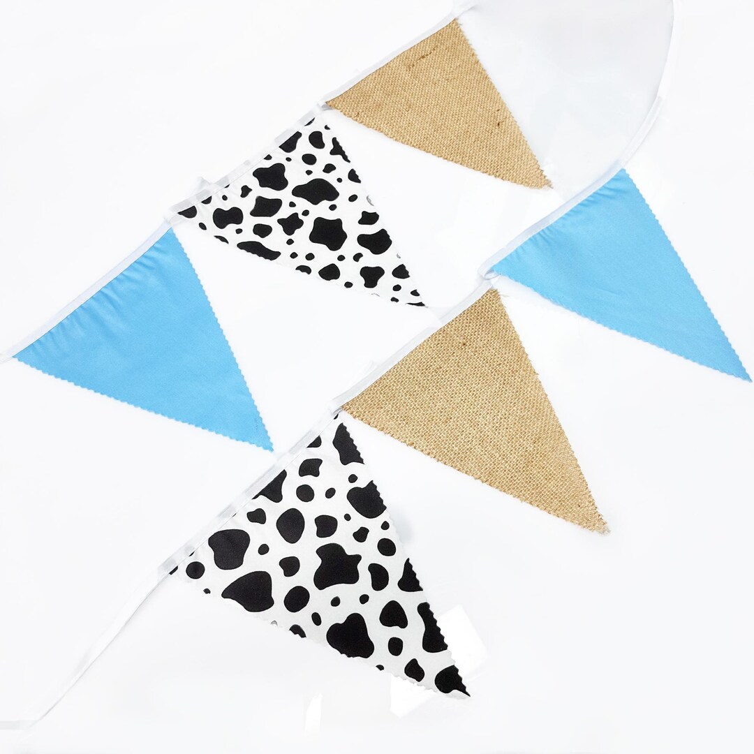 Western Cowboy Burlap Banner, Cow Pattern Bunting, Blue Fabric Pennant ...