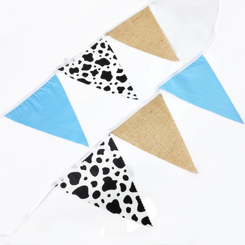 Western Cowboy Burlap Banner, Cow Pattern Bunting, Blue Fabric Pennant ...