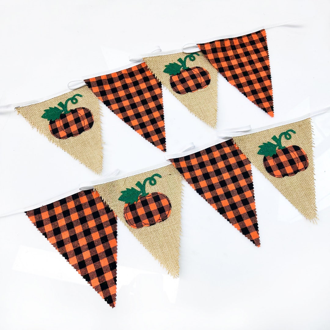 Fall Pumpkin Plaid Burlap Banner, Linen Thanksgiving Bunting, Fabric ...