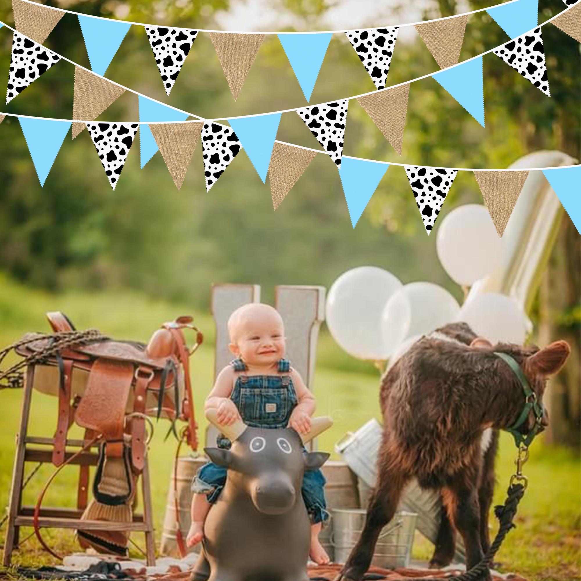 Western Cowboy Burlap Banner, Cow Pattern Bunting, Blue Fabric Pennant ...