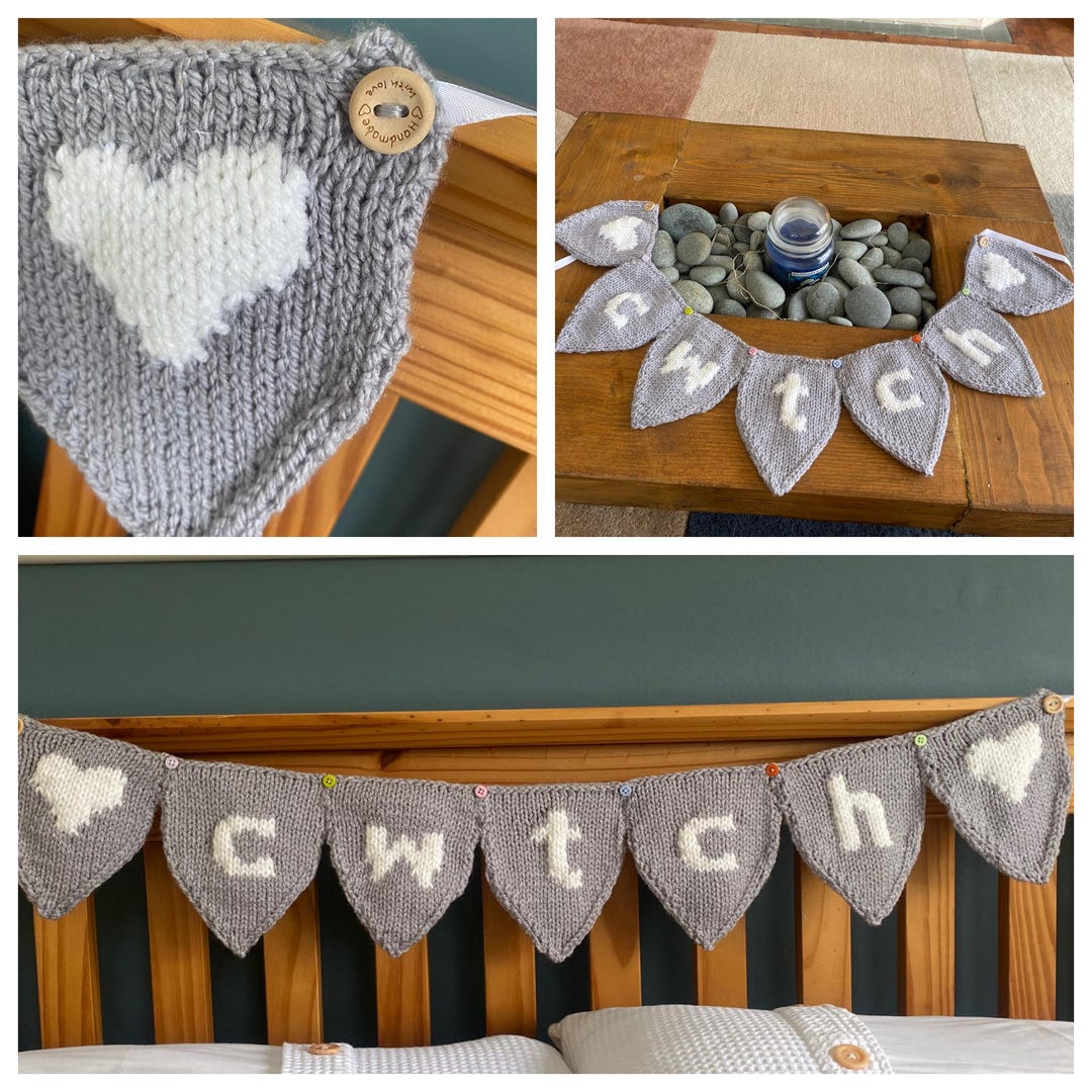 Welsh Cwtch grey baby knitted bunting with heart ends .handmade - Etsy ...