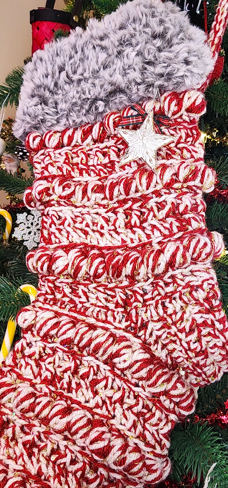 Christmas Stocking Red and White With Gold Glitter, Faux Fur Trim ...