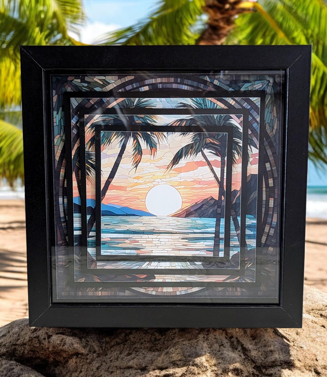 Stained Glass Beach Scene, Stained Glass Look Wall Art, Layered Stained ...