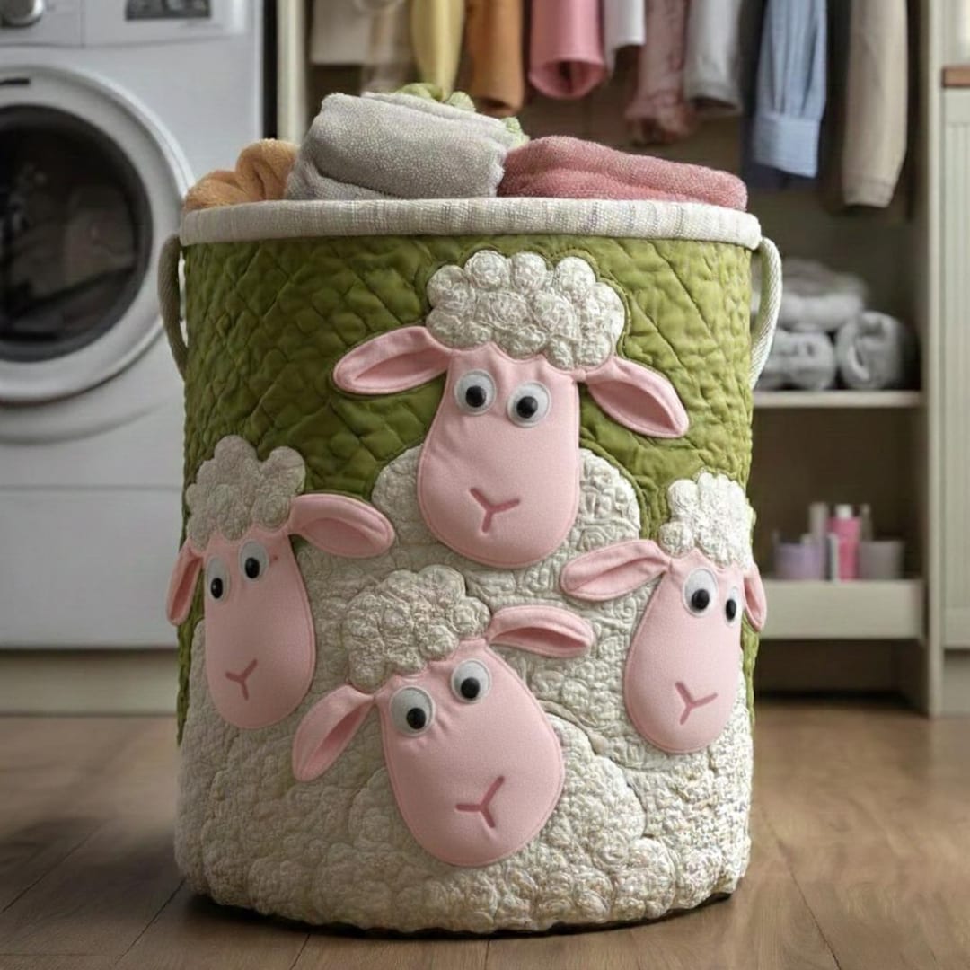 Sheep Heaven Quilted Laundry Basket, Cute Woolly Sheep Hamper, Farm ...